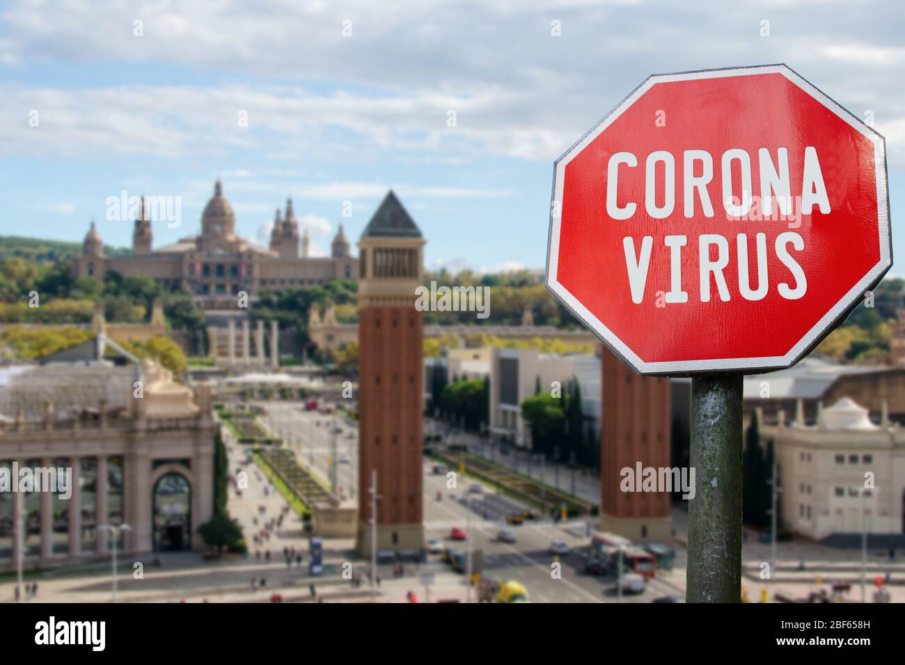 Corona virus stop sign with view of Spain square in Barcelona, Spain ...
