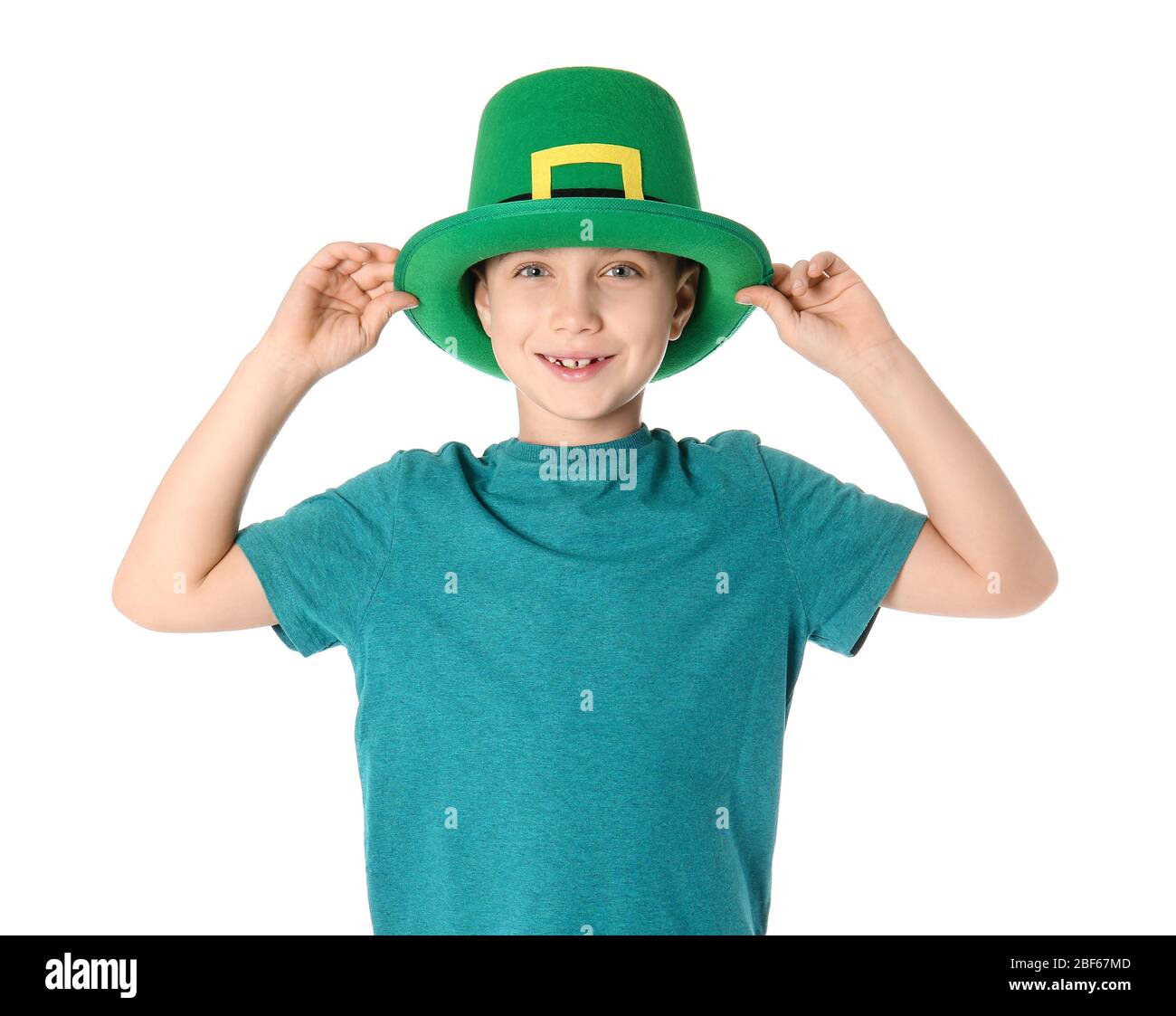 Funny little boy on white background. St. Patrick's Day celebration ...