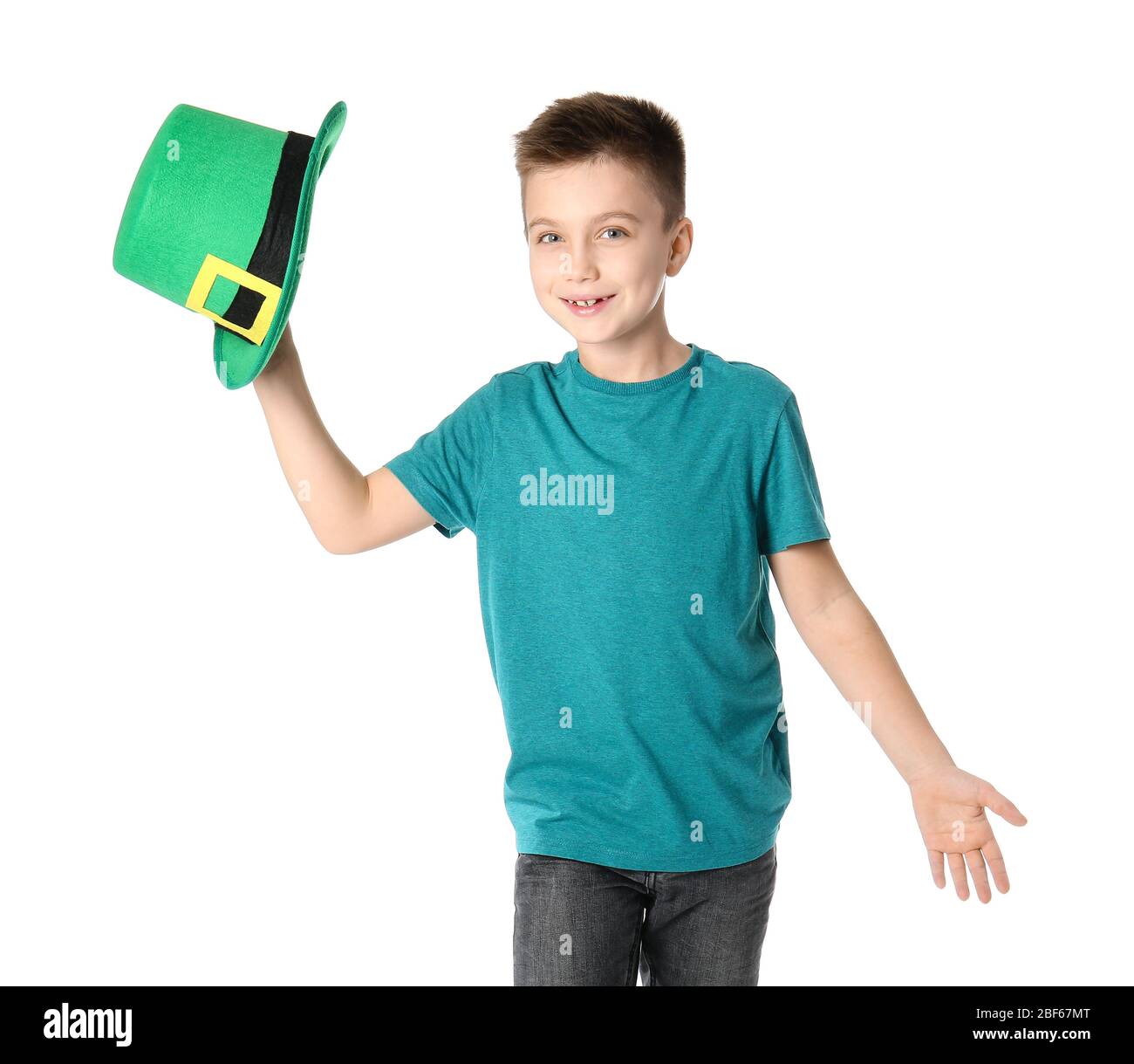 Funny little boy on white background. St. Patrick's Day celebration ...