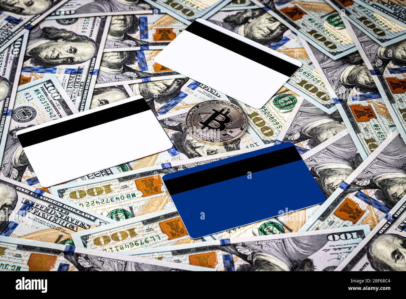 Dollar bills, debit cards with copy space for a text and metal souvenir ...