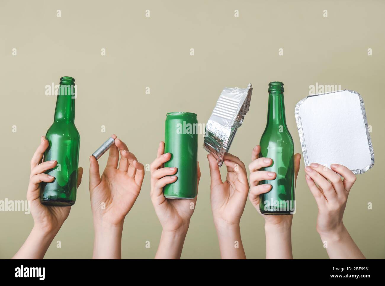 Hands with garbage on color background. Concept of recycling Stock ...