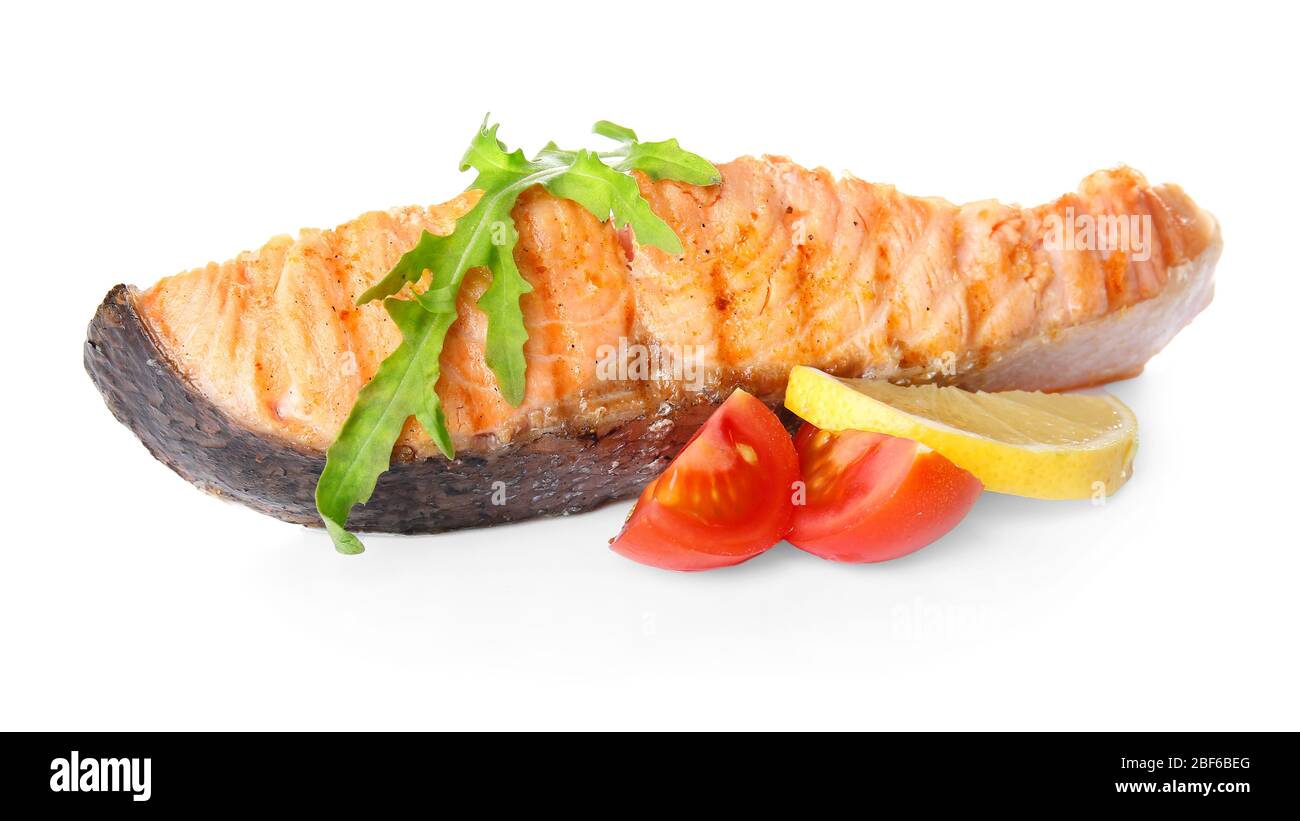 Tasty cooked salmon on white background Stock Photo - Alamy