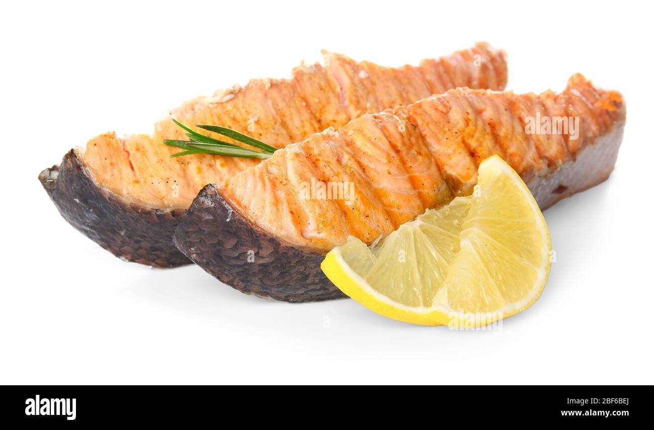 Tasty cooked salmon on white background Stock Photo - Alamy