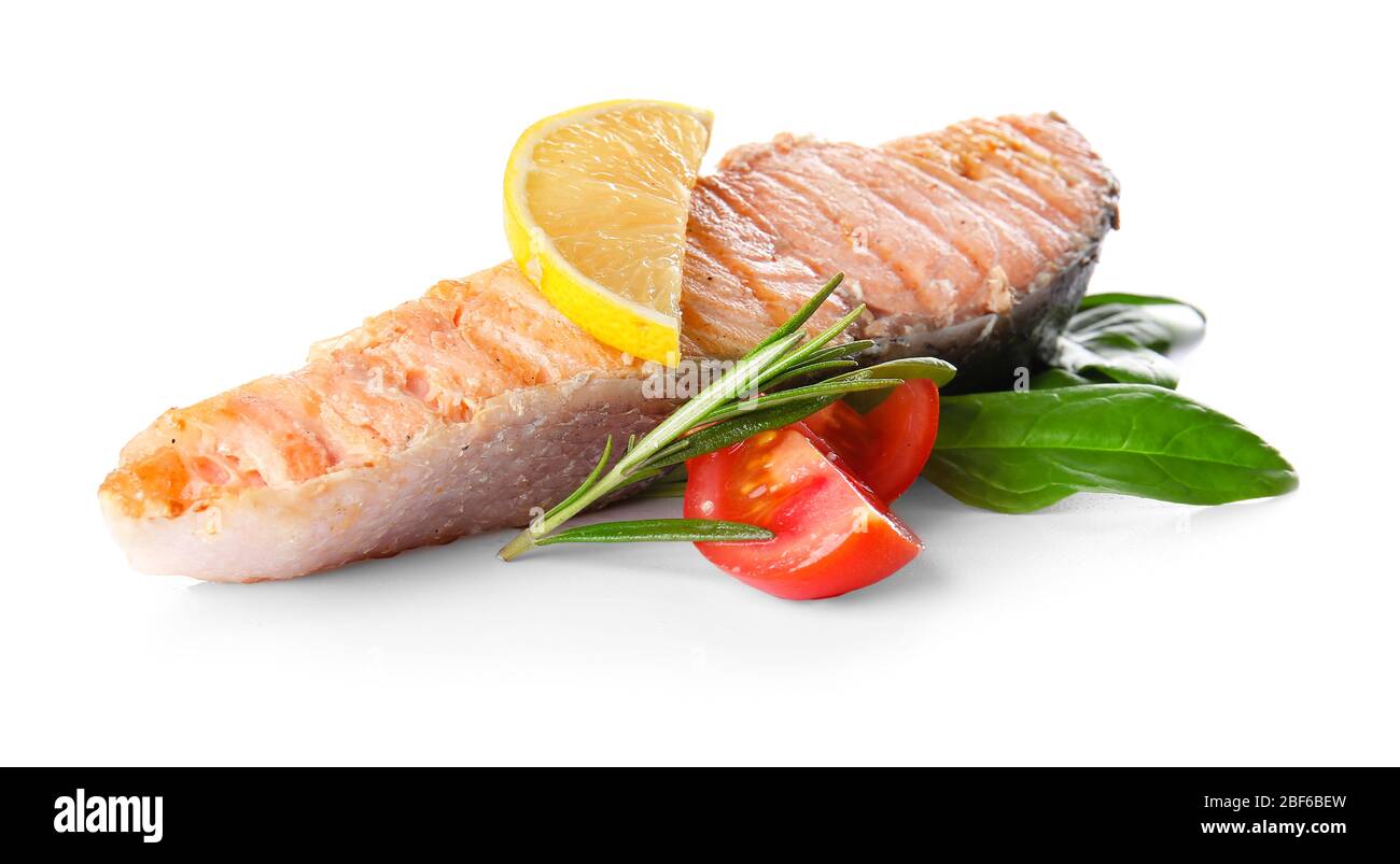 Tasty cooked salmon on white background Stock Photo - Alamy