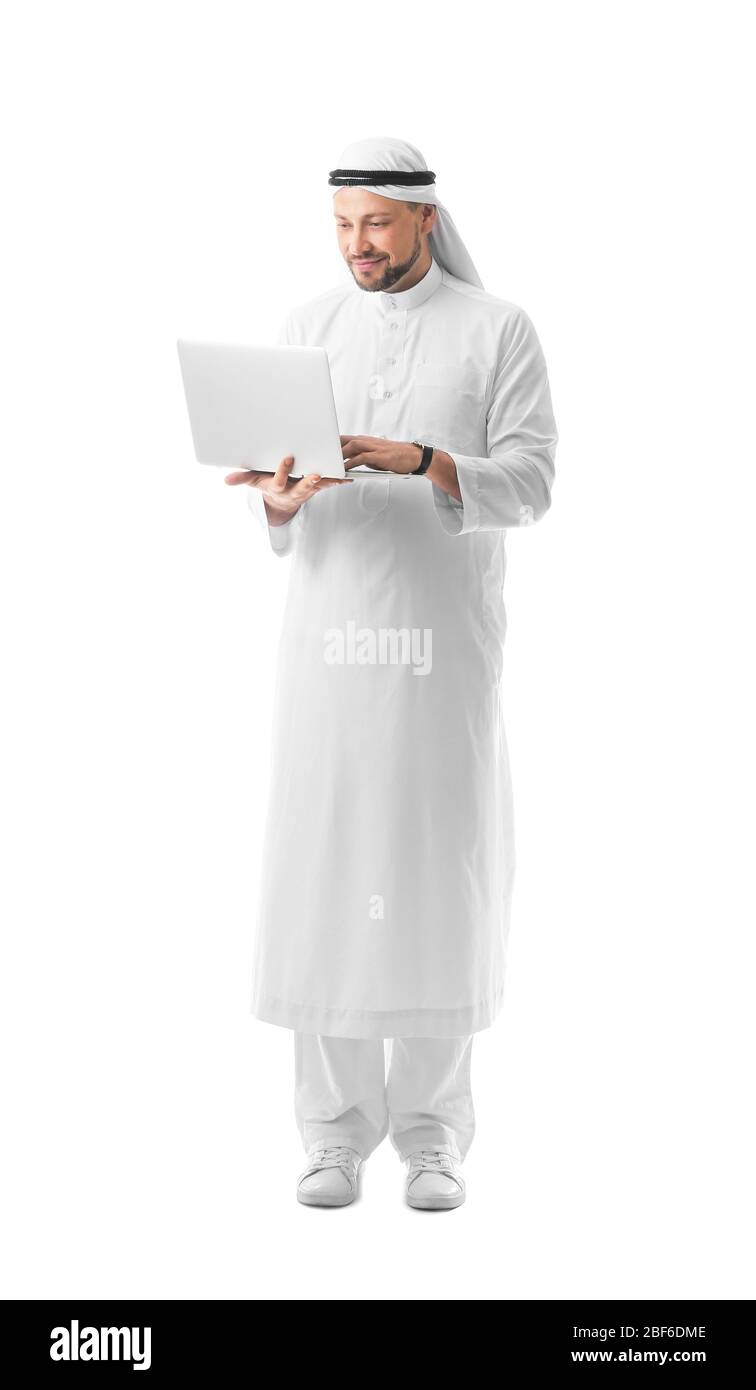 Arab man with laptop on white background Stock Photo - Alamy