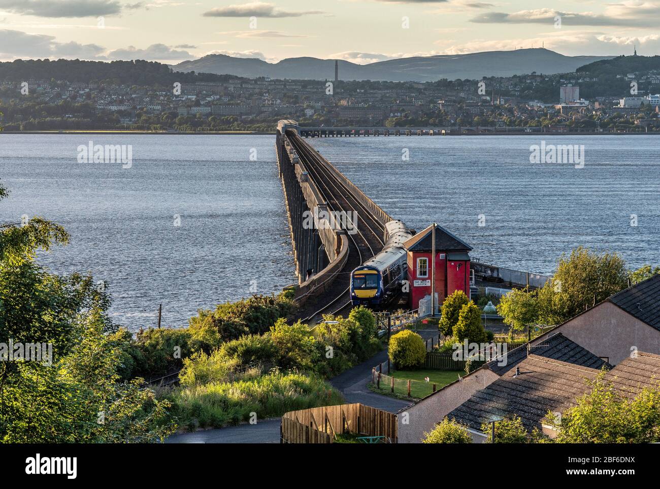 Tay Rail Bridge with train and signal box Stock Photo - Alamy