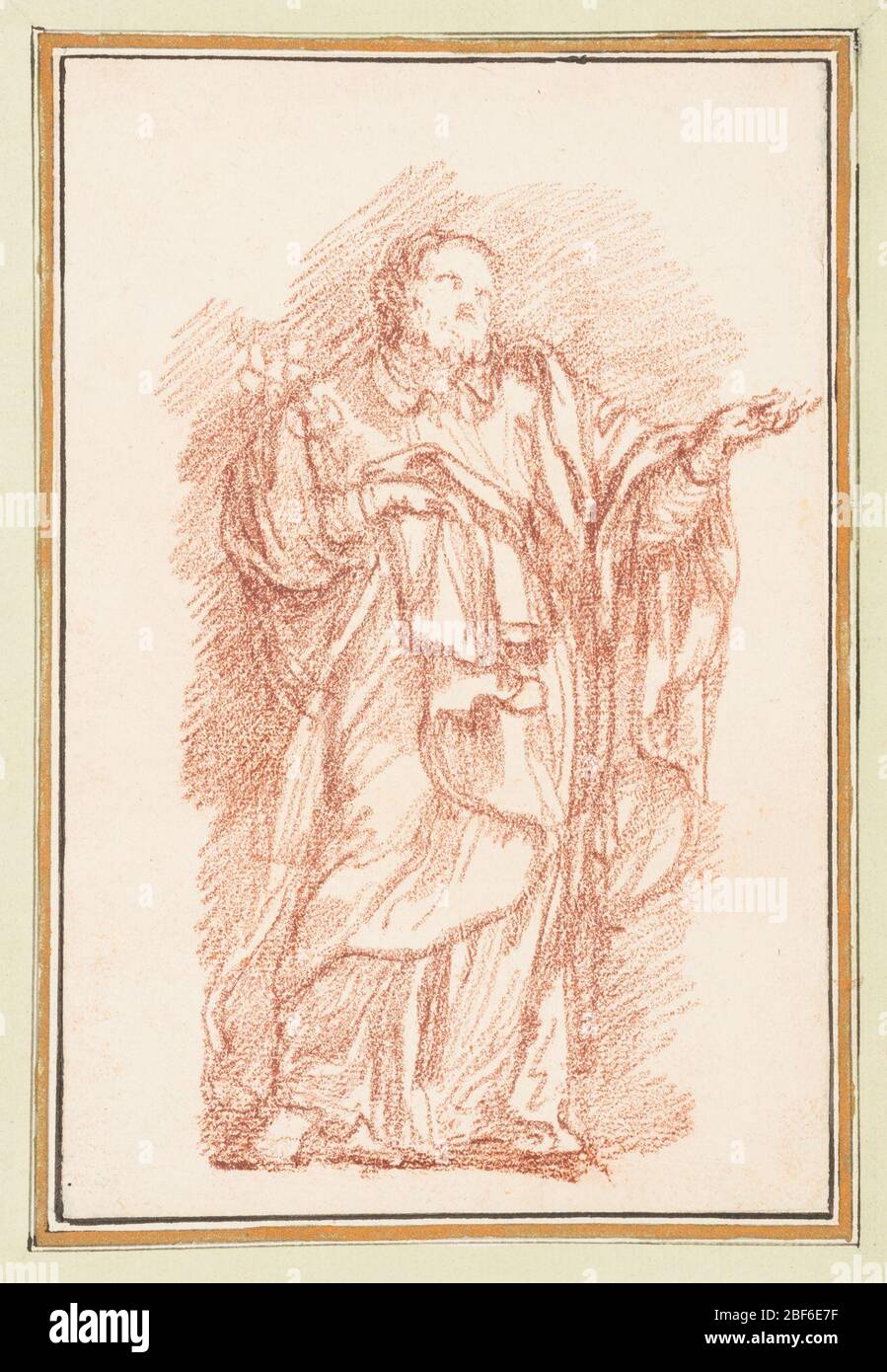 Standing figure with palm facing up. Standing figure in heavy robes ...