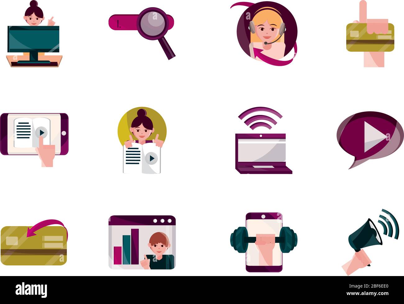 online activities, digital connection communication set icons vector ...