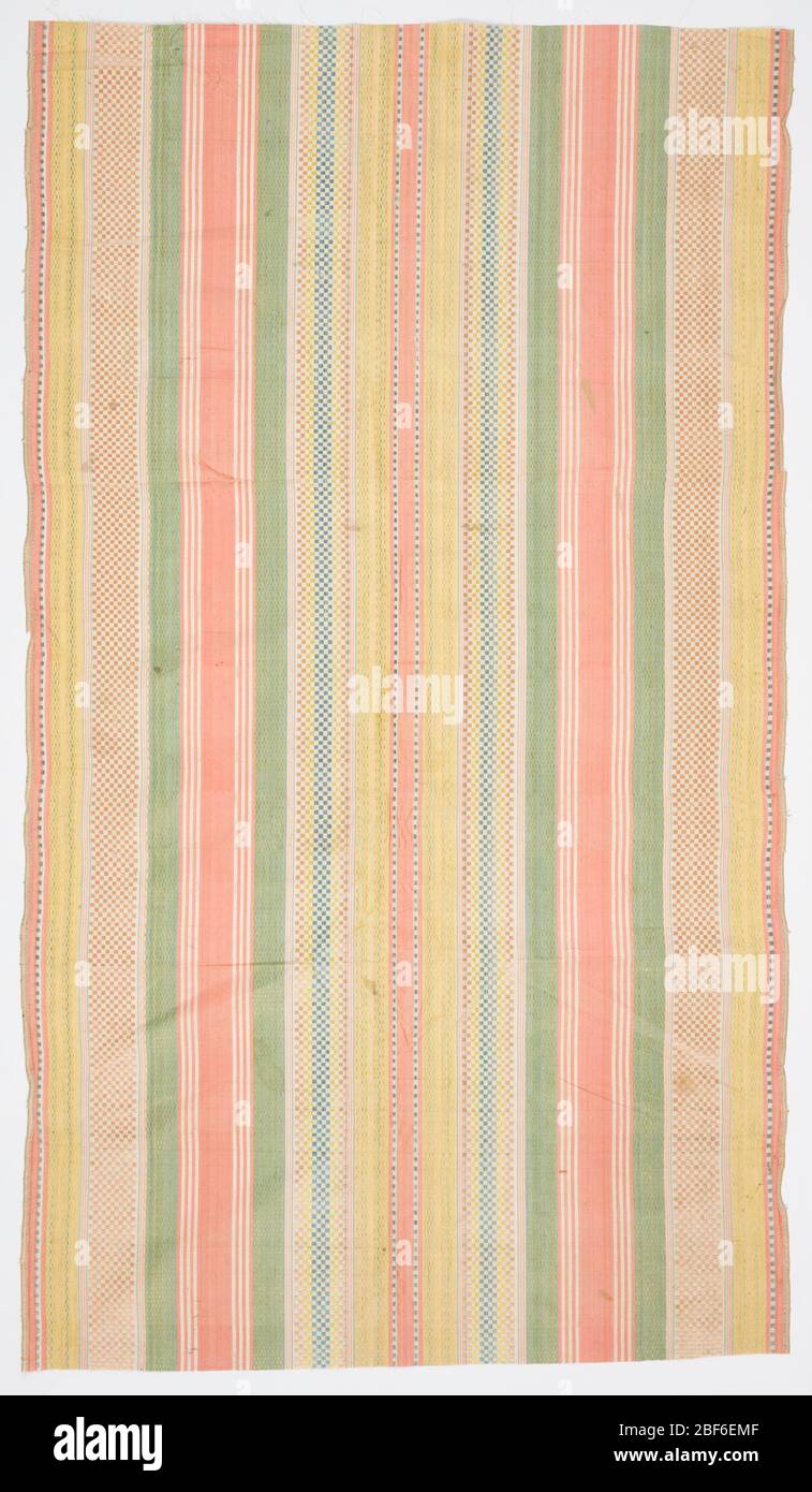 Textile. Warp stripes of various widths in green, yellow, salmon, pale ...