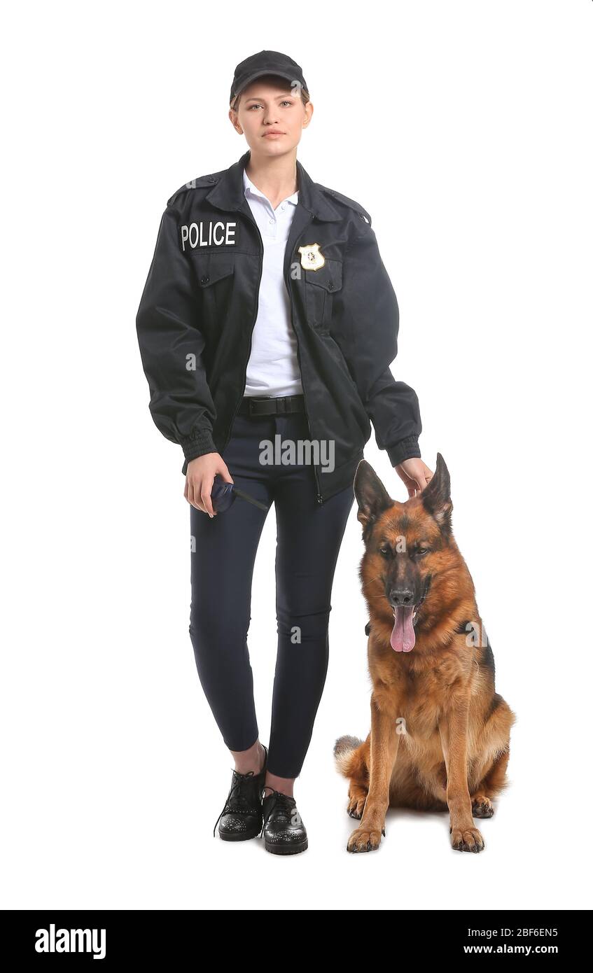 Female police officer with dog on white background Stock Photo - Alamy