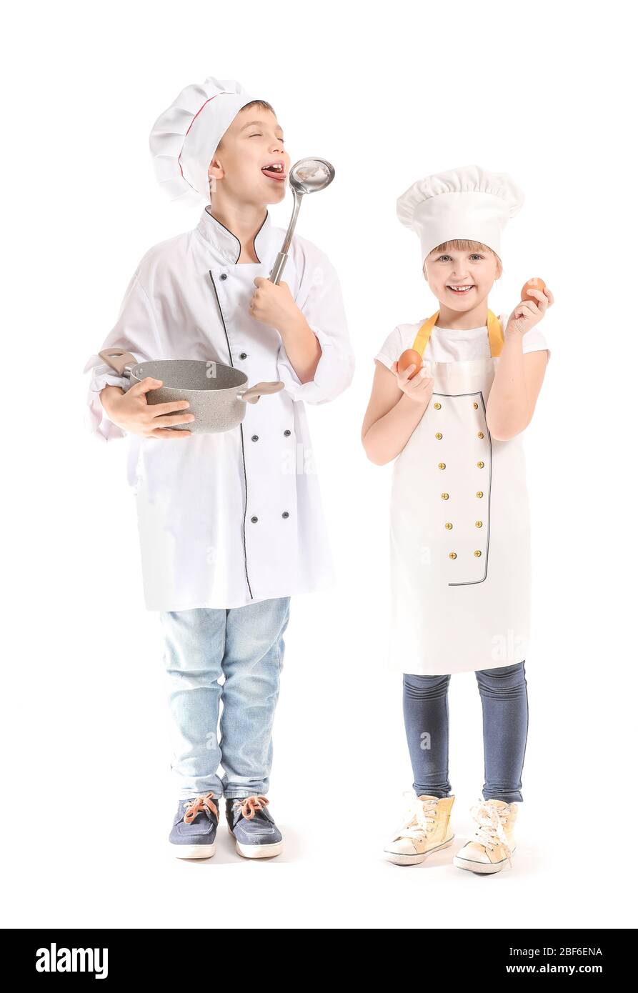 Cute little chefs on white background Stock Photo - Alamy