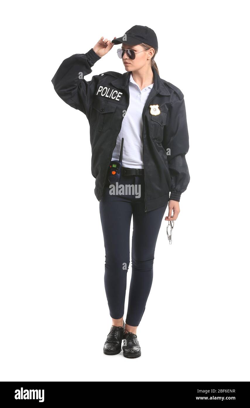 Female police officer on white background Stock Photo - Alamy