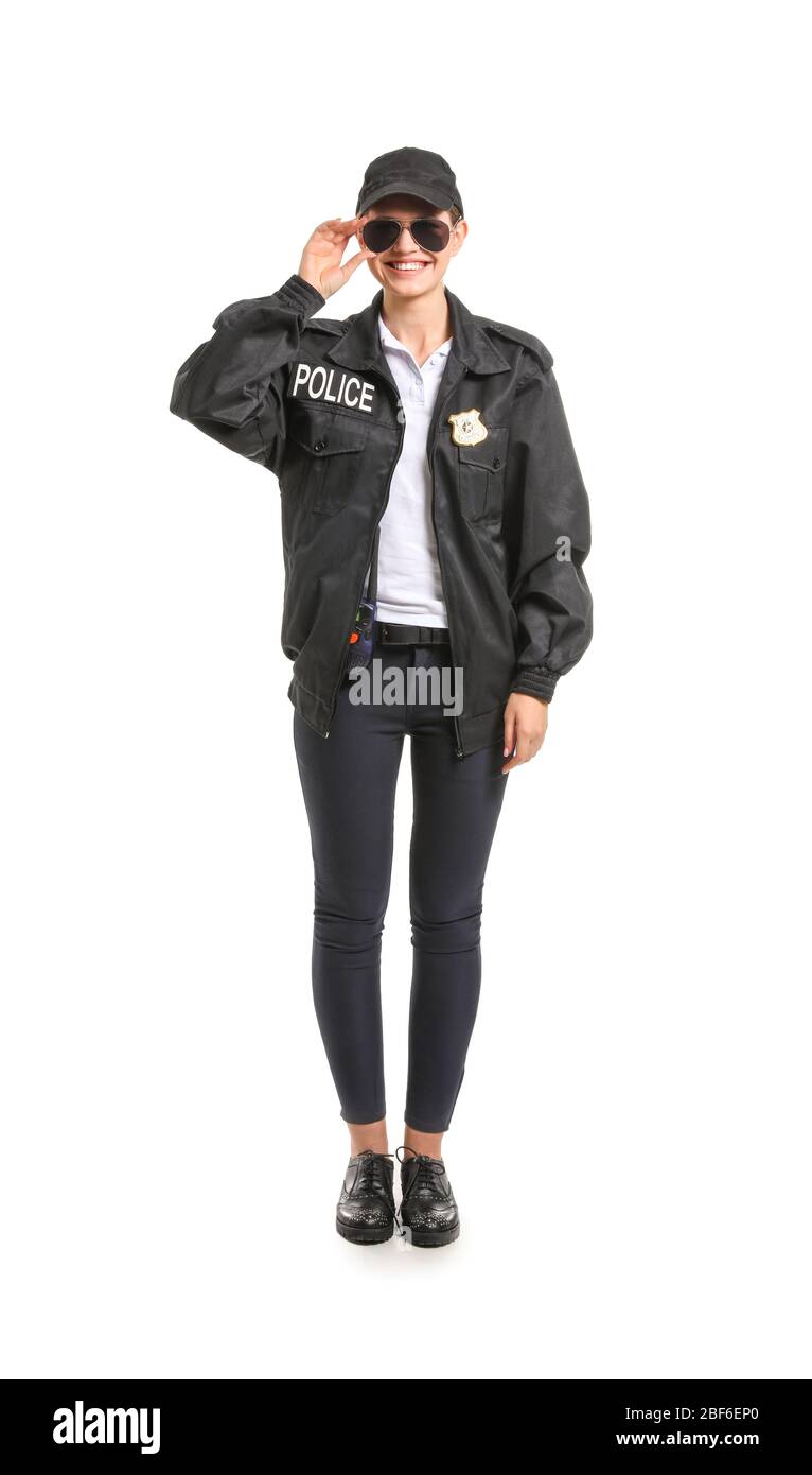 Female police officer on white background Stock Photo - Alamy
