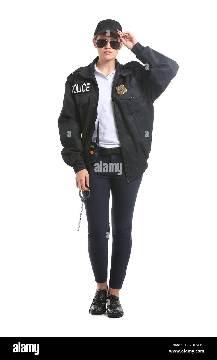 Female police officer on white background Stock Photo - Alamy