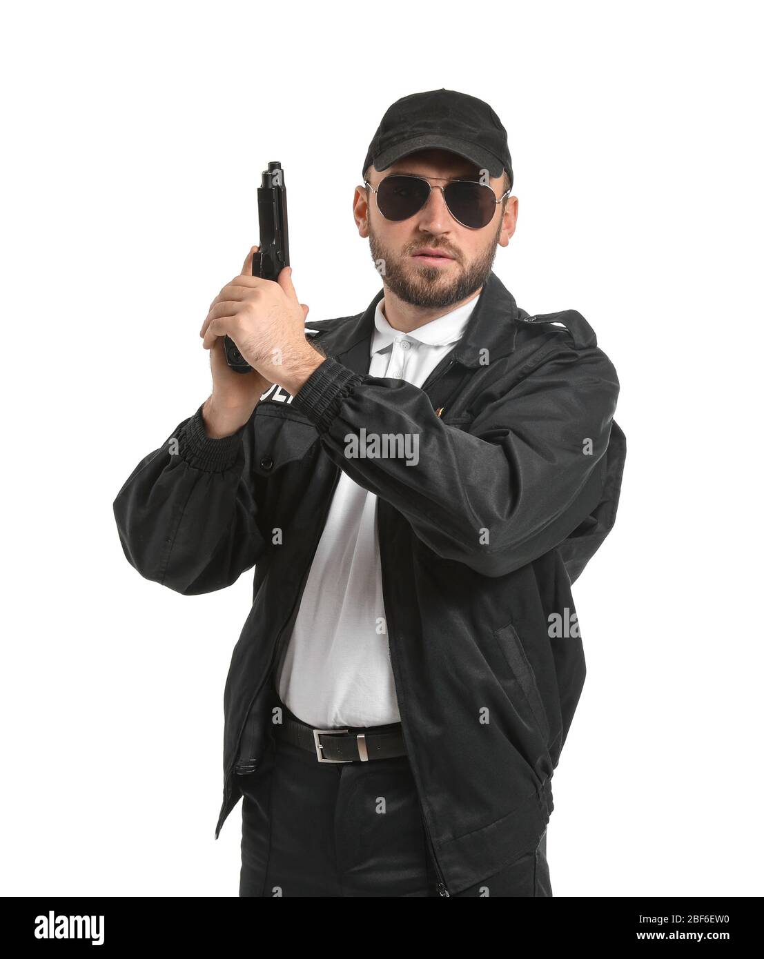 Male police officer with gun on white background Stock Photo - Alamy