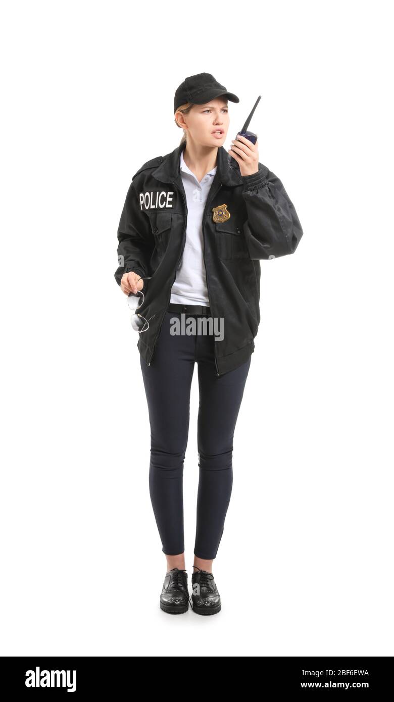 Female police officer on white background Stock Photo - Alamy