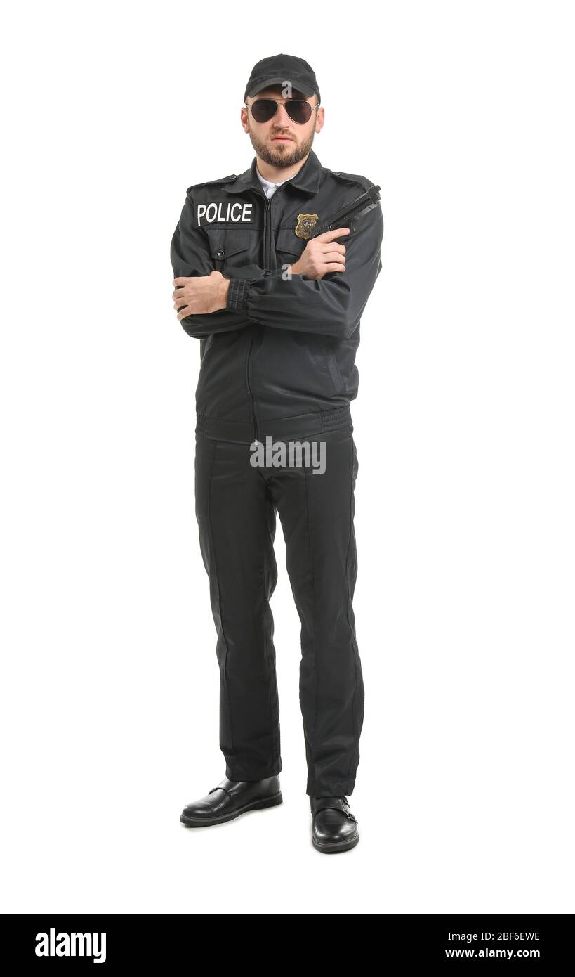 Male police officer on white background Stock Photo - Alamy