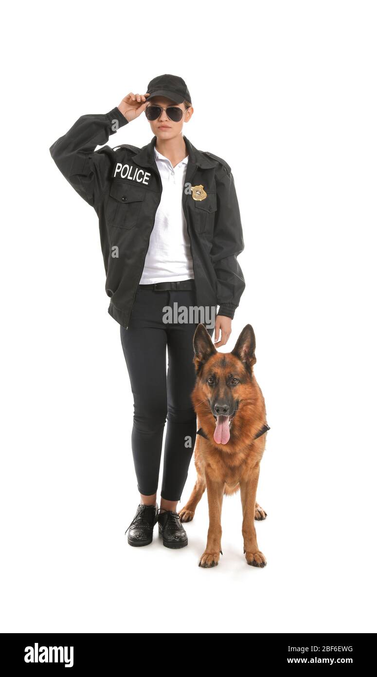 Female police officer with dog on white background Stock Photo - Alamy