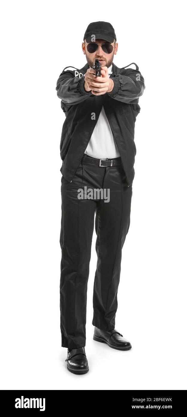Male police officer with gun on white background Stock Photo - Alamy