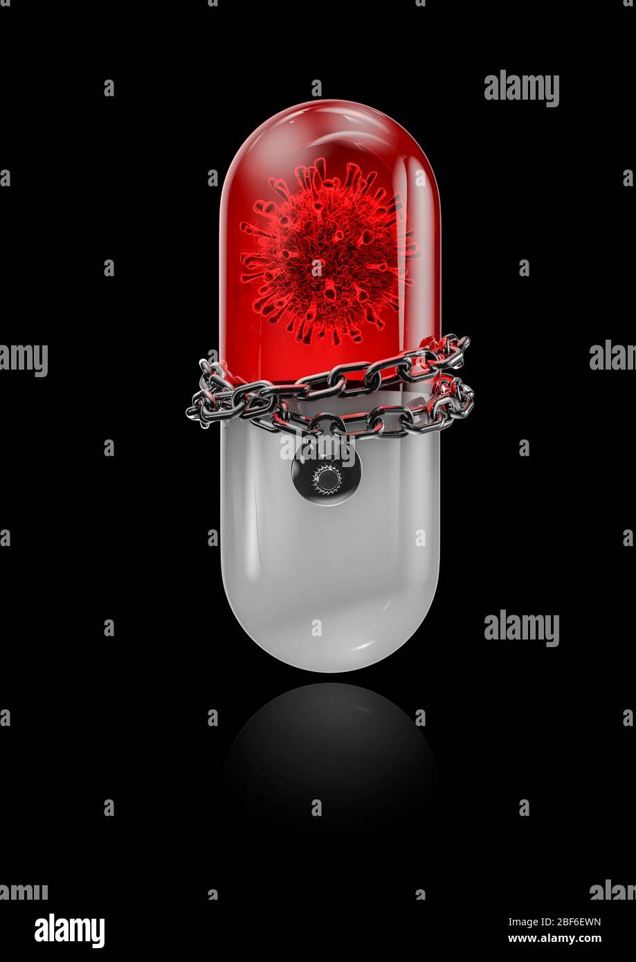 Covid-19 lockdown cure pill concept / 3D illustration of coronavirus ...