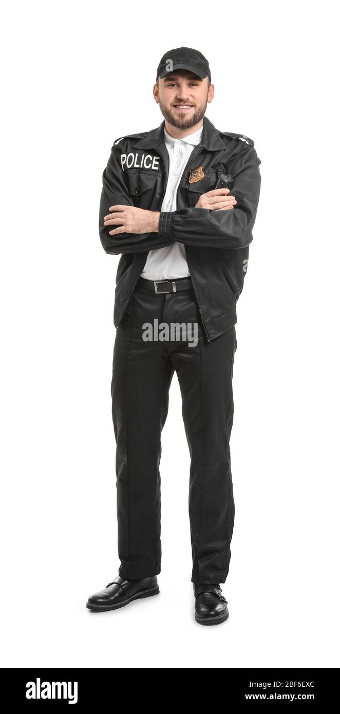 Male police officer on white background Stock Photo - Alamy
