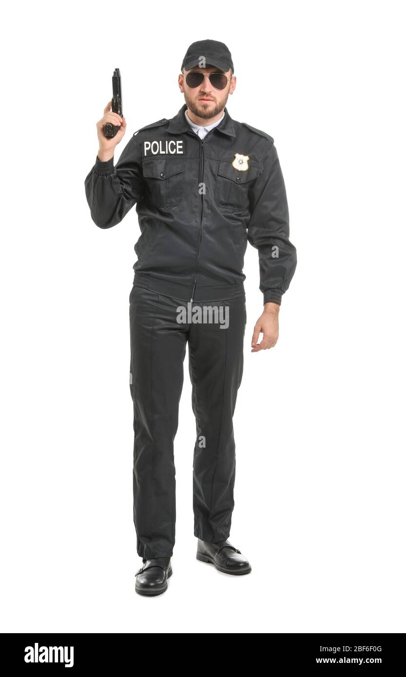 Male police officer with gun on white background Stock Photo - Alamy