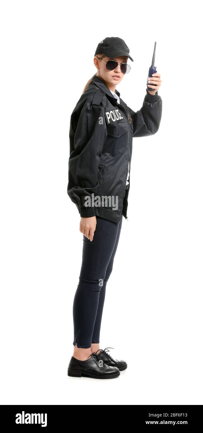 Female police officer on white background Stock Photo - Alamy