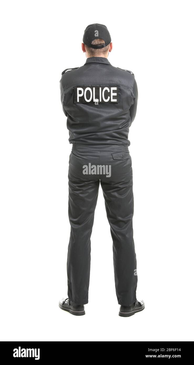 Male police officer on white background, back view Stock Photo - Alamy