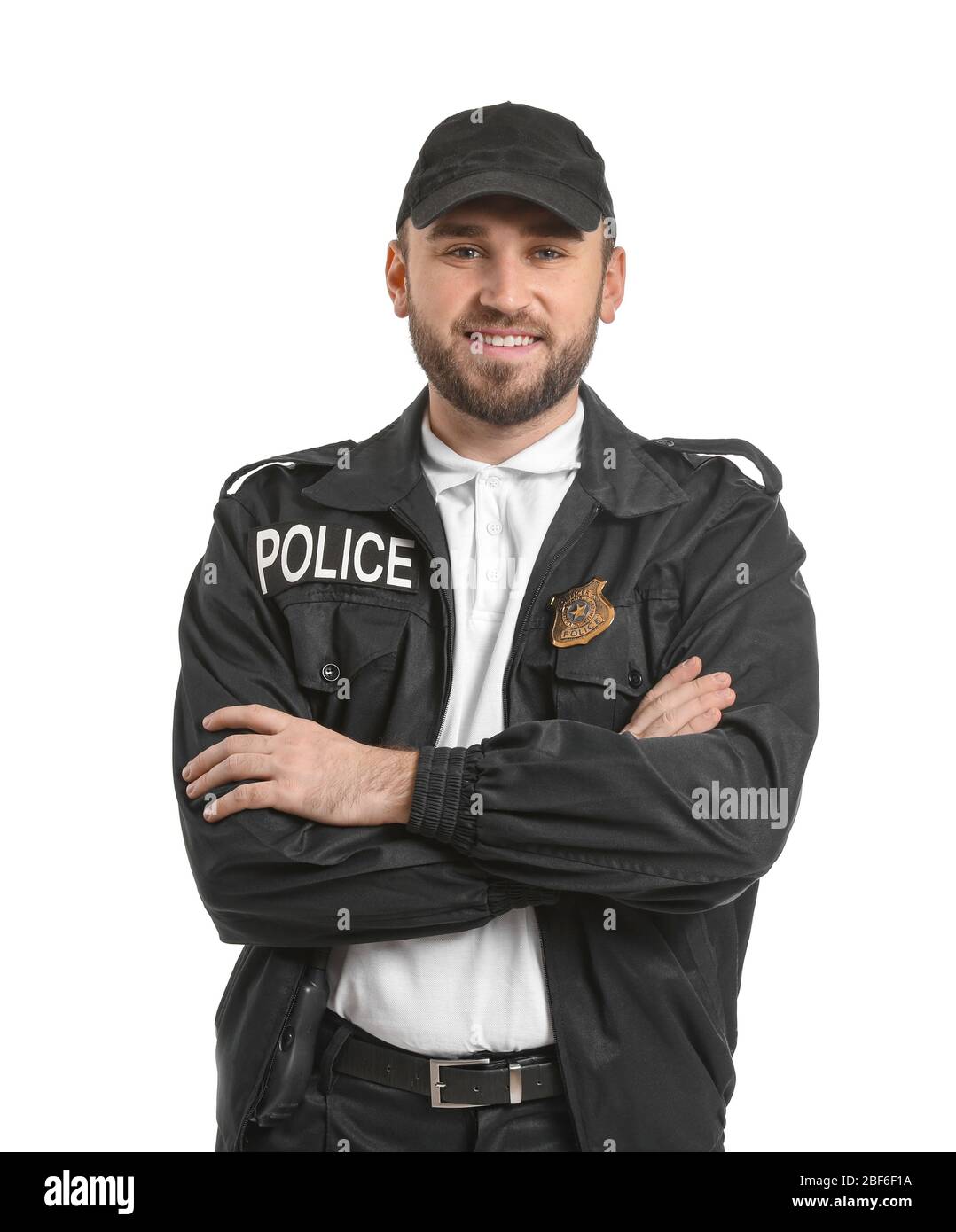 Male police officer on white background Stock Photo - Alamy