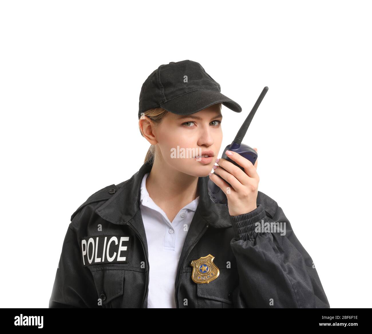 Female police officer on white background Stock Photo - Alamy