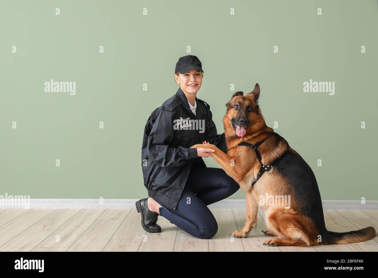 Female police officer with dog near color wall Stock Photo - Alamy