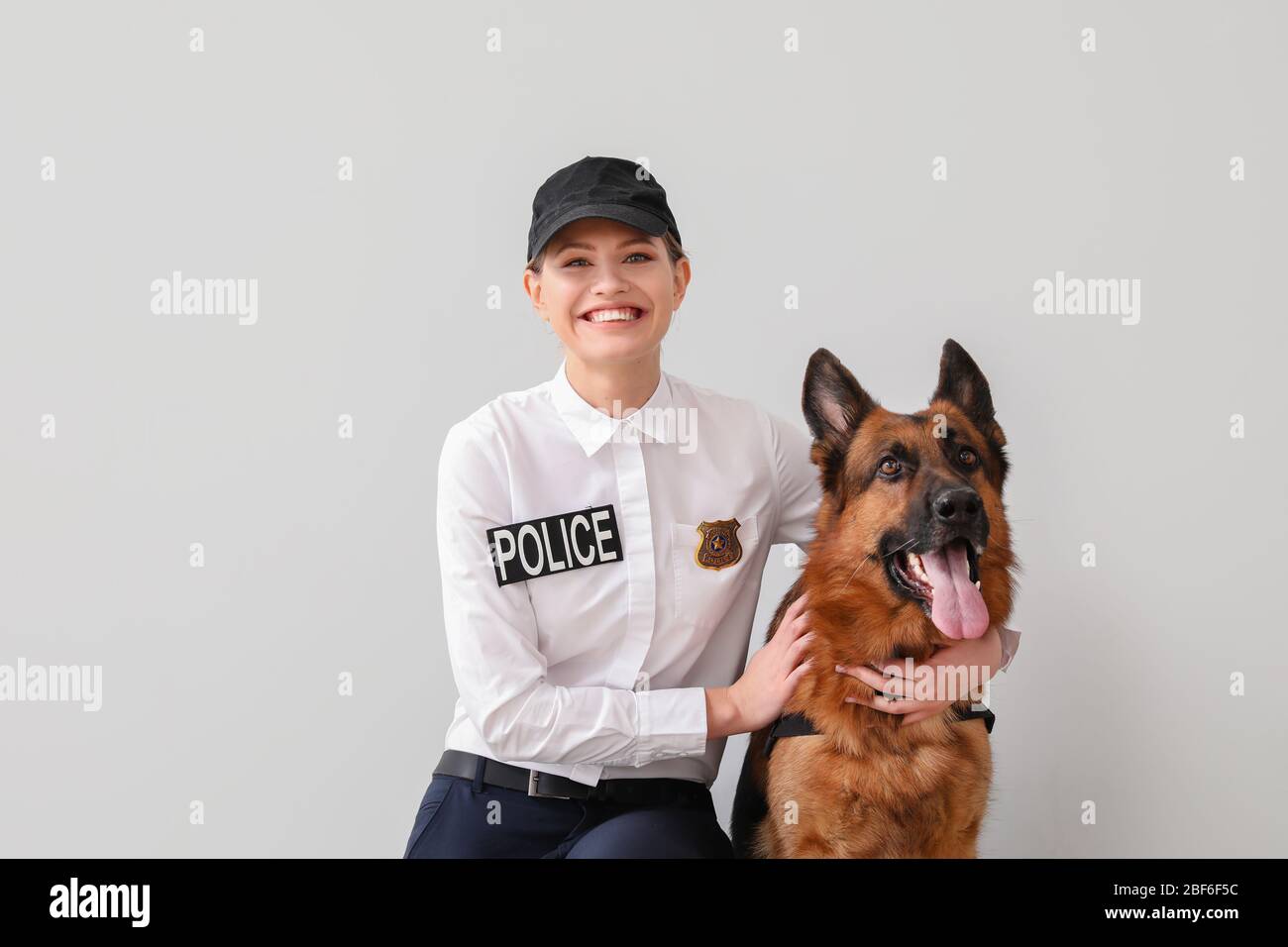 Female police officer with dog on light background Stock Photo - Alamy