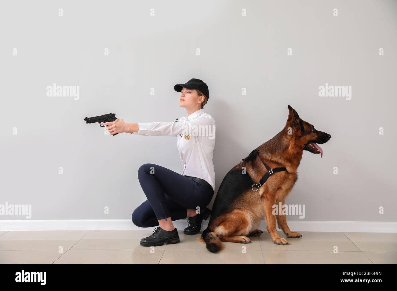 Female police officer with dog near light wall Stock Photo - Alamy