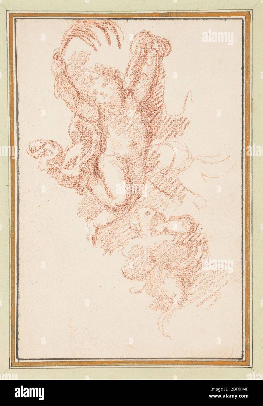 Two putti. Two putti, one with bent leg and extended arms, the other ...