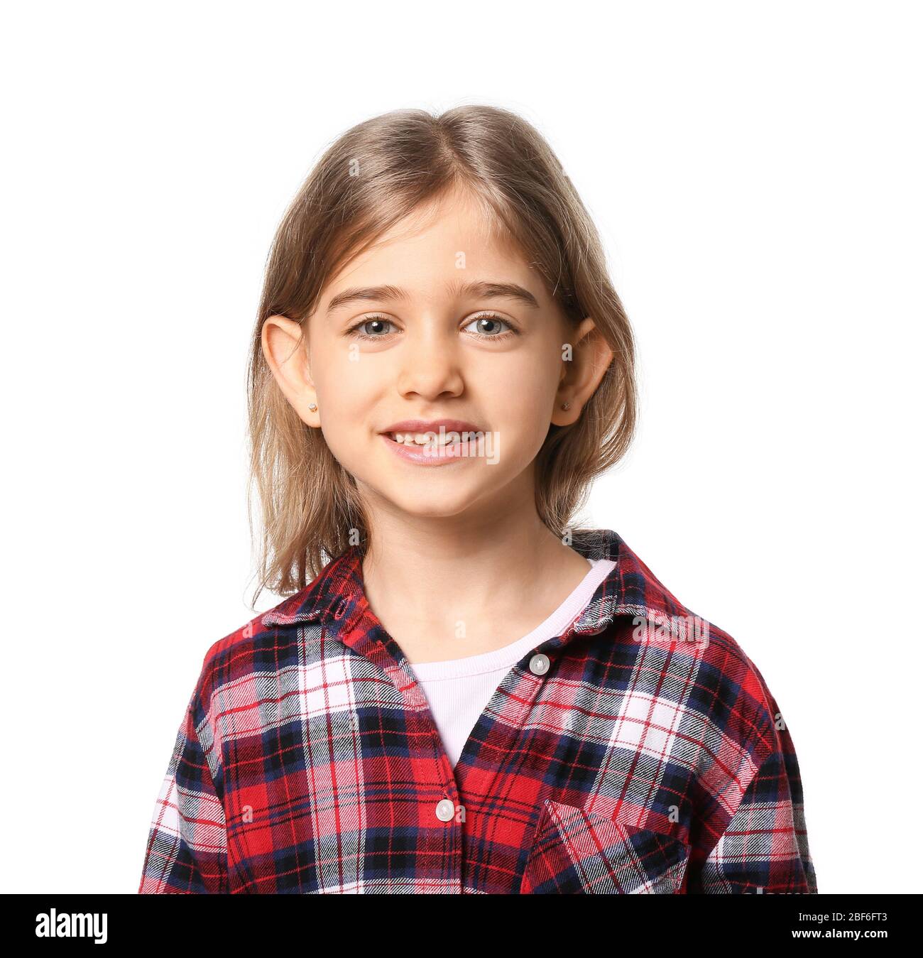 Happy little girl with healthy teeth on white background Stock Photo ...
