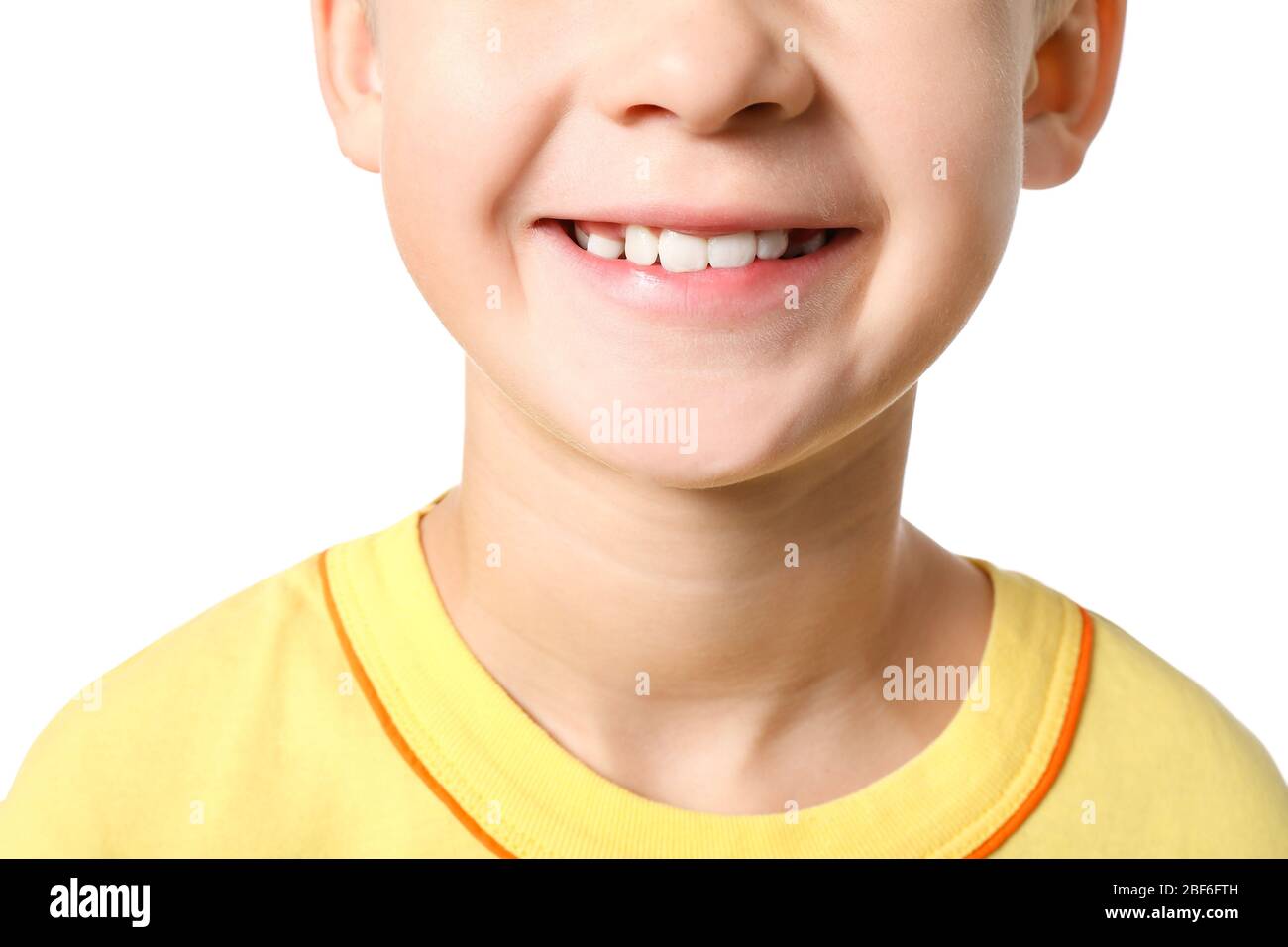 Happy little boy with healthy teeth on white background, closeup Stock ...