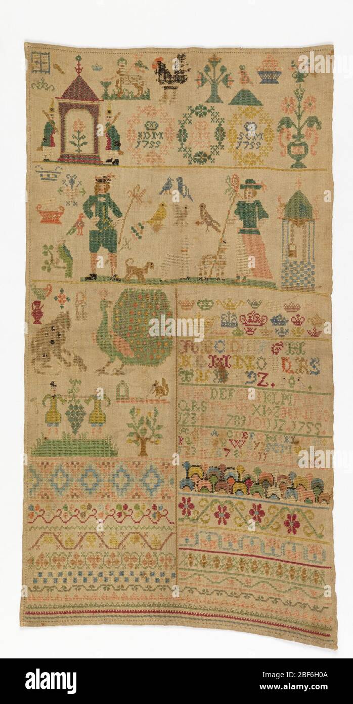 Sampler. Vertical rectangle with various embroidered motifs. Crowned ...