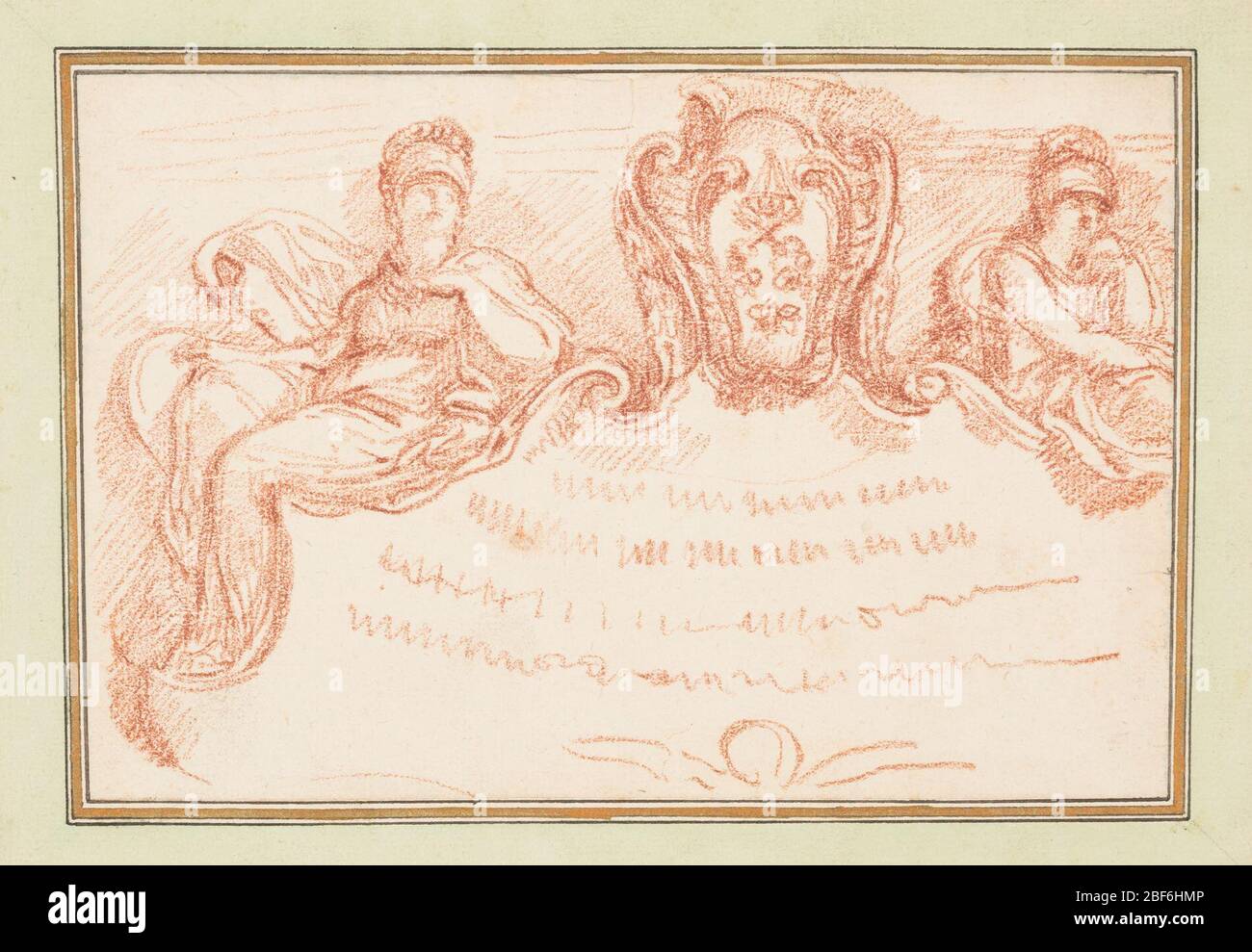 Ceiling detail with two seated figures and escutcheon. Two seated ...