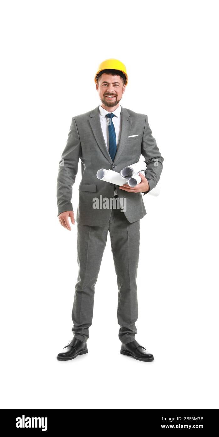 Male engineer with drawings on white background Stock Photo - Alamy