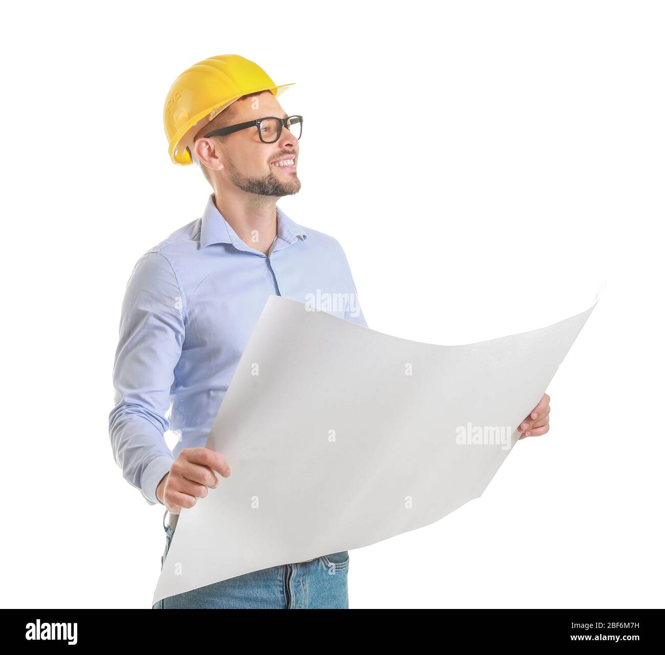 Male engineer with drawing on white background Stock Photo - Alamy