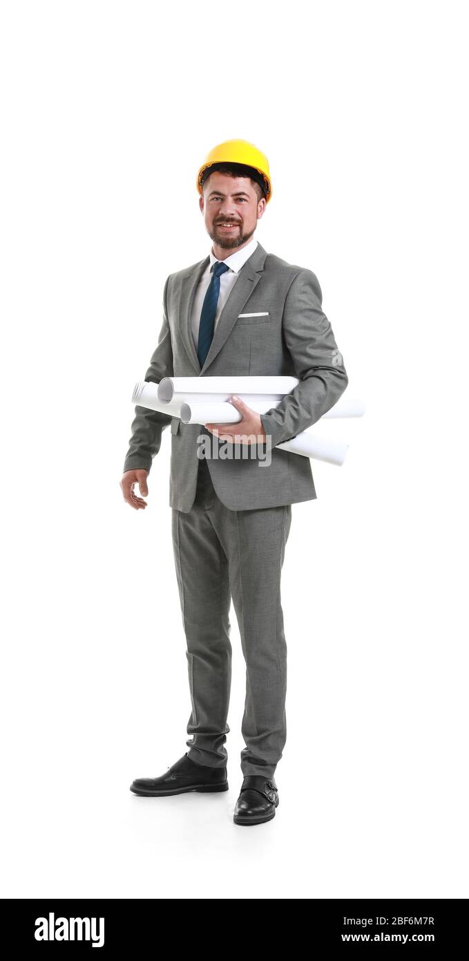 Male engineer with drawings on white background Stock Photo - Alamy