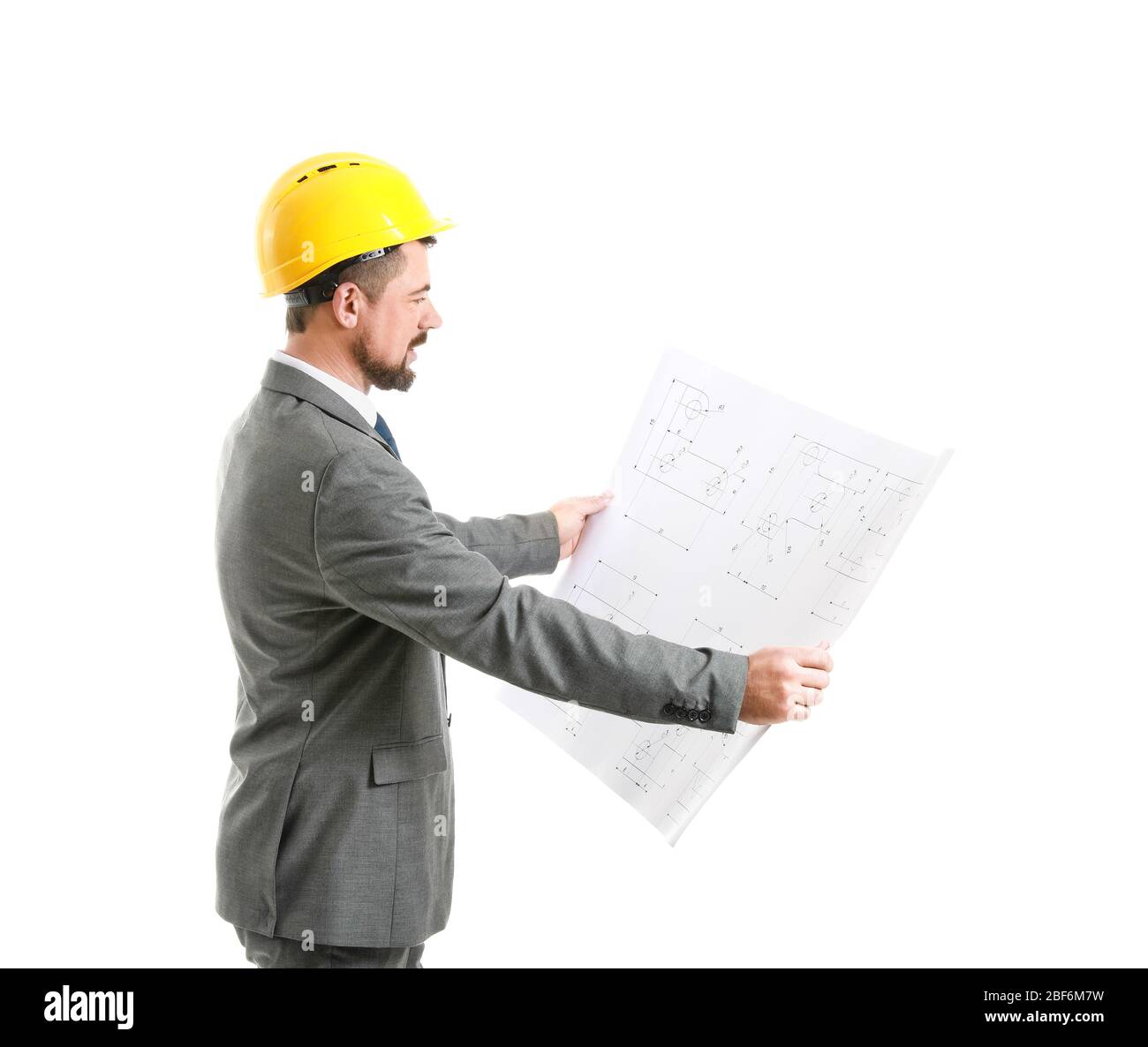 Male engineer with drawing on white background Stock Photo - Alamy