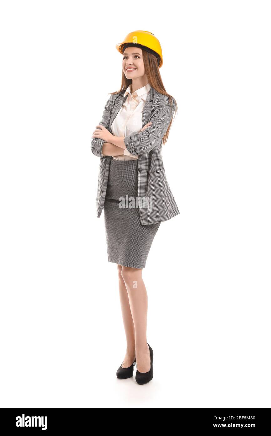 Female engineer on white background Stock Photo - Alamy
