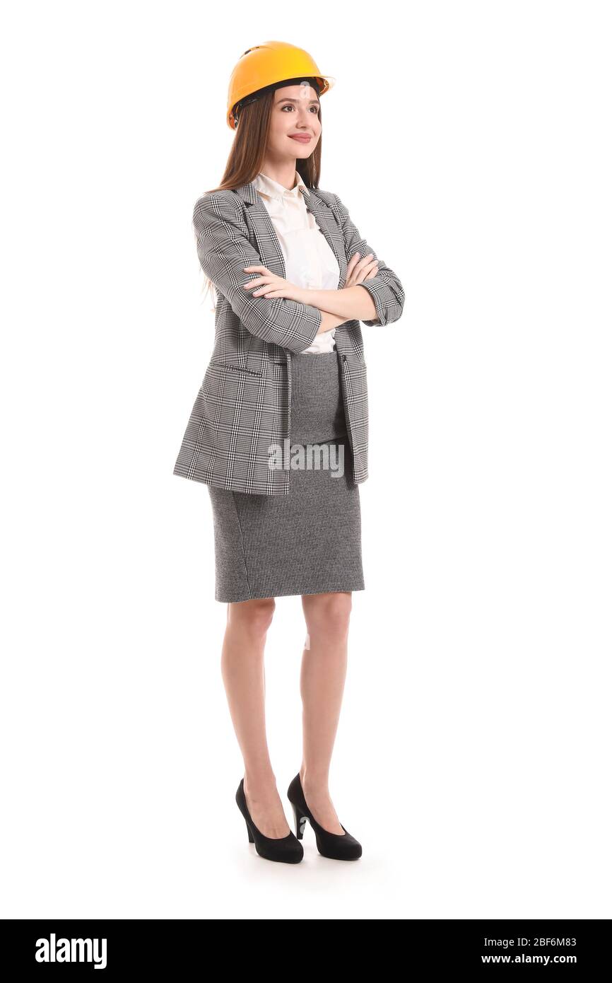 Female engineer on white background Stock Photo - Alamy
