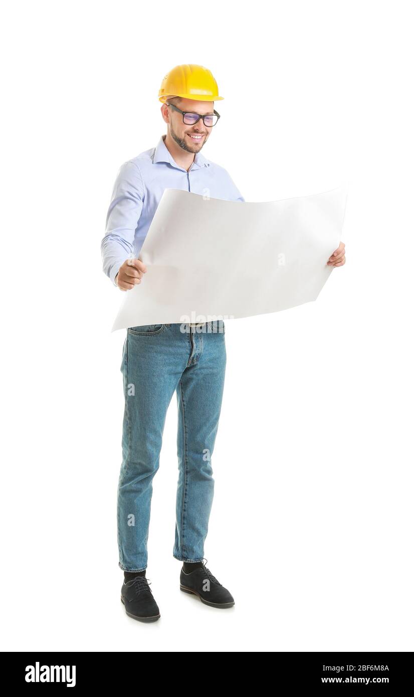 Male engineer with drawing on white background Stock Photo - Alamy