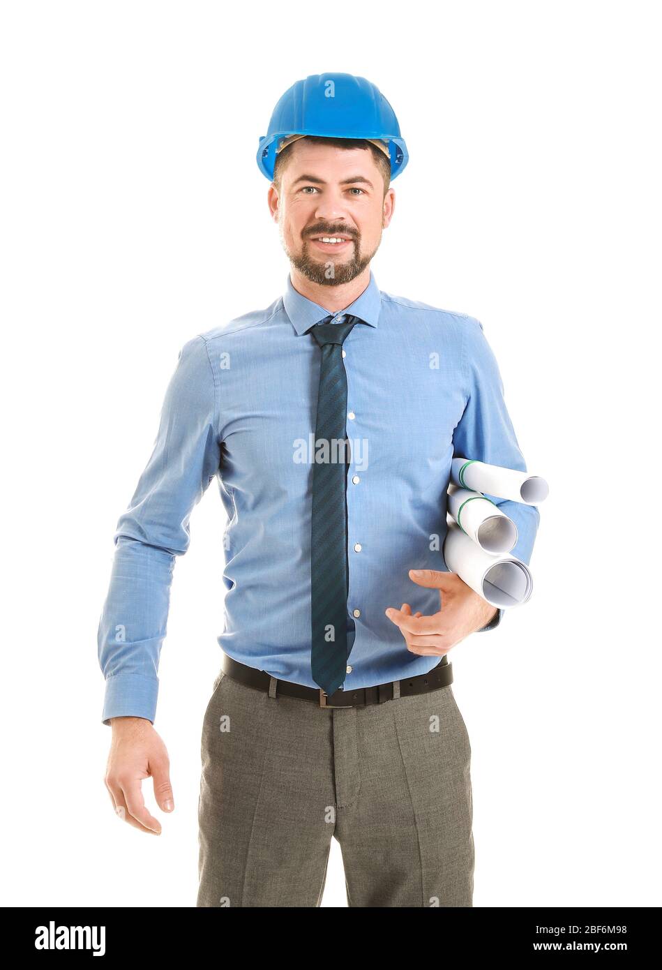 Male engineer with drawings on white background Stock Photo - Alamy