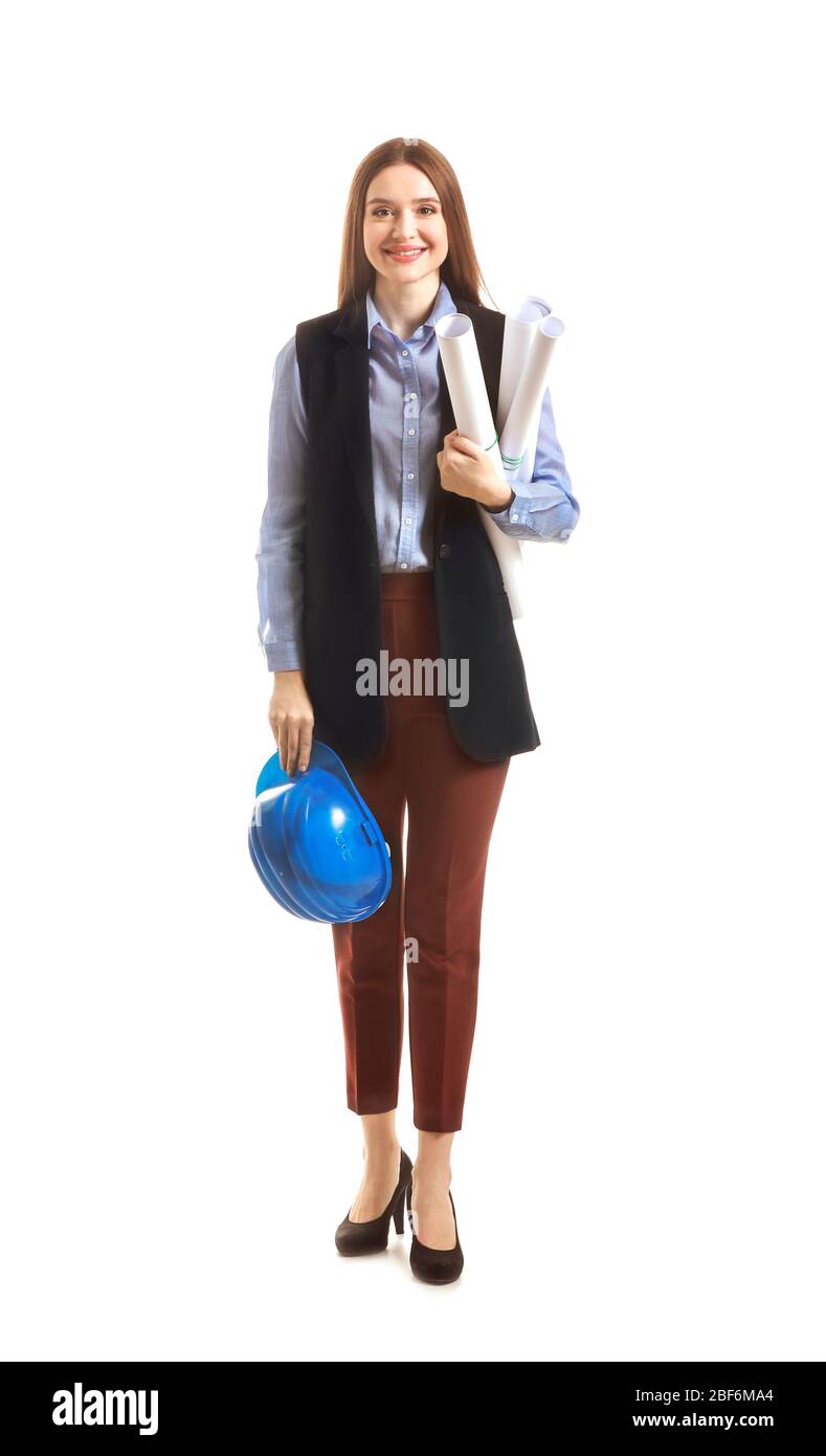 Female engineer with drawings on white background Stock Photo - Alamy