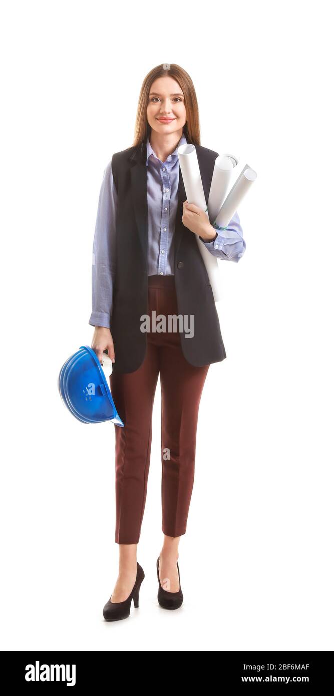 Female engineer with drawings on white background Stock Photo - Alamy