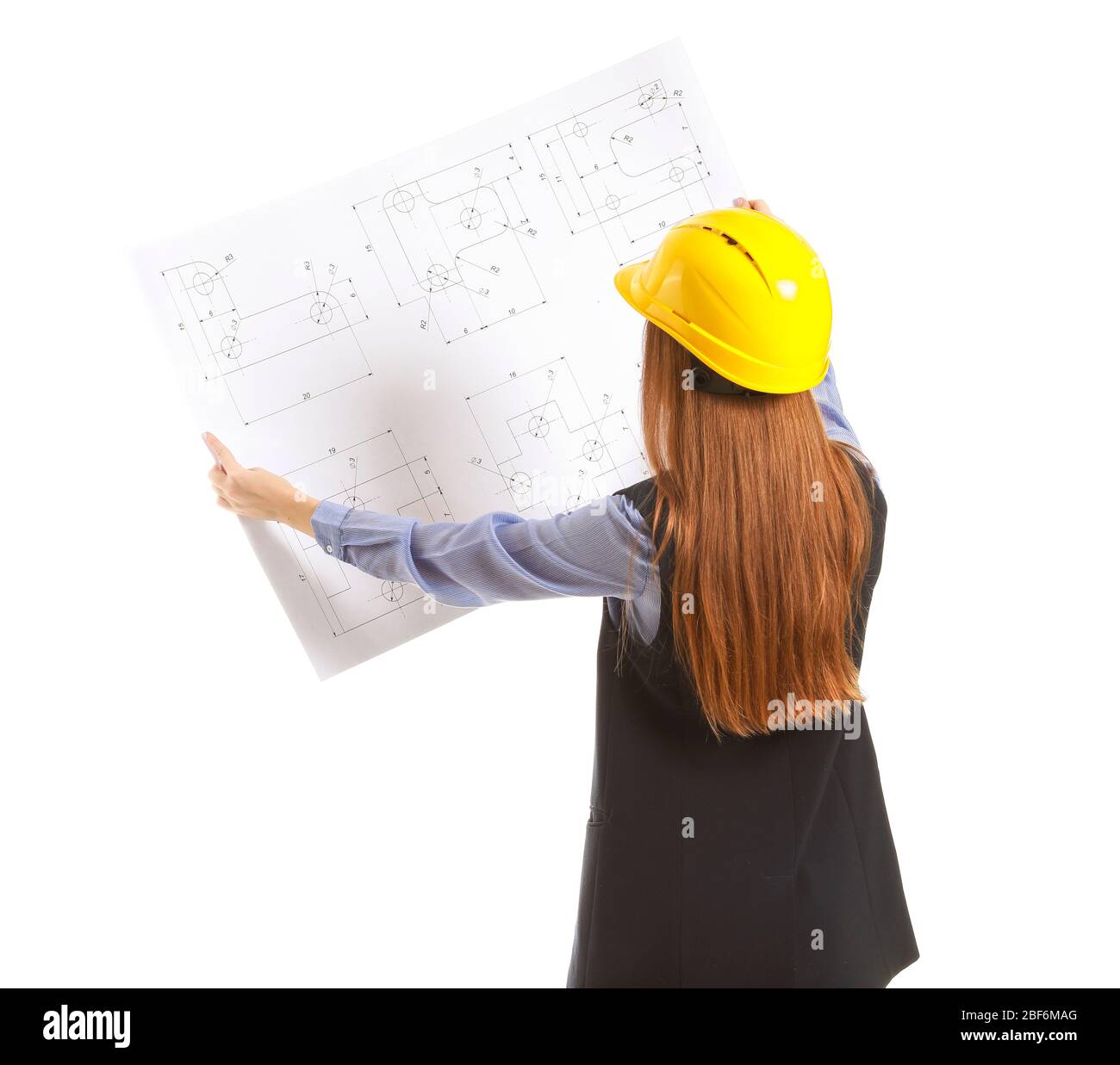 Female engineer with drawing on white background Stock Photo - Alamy
