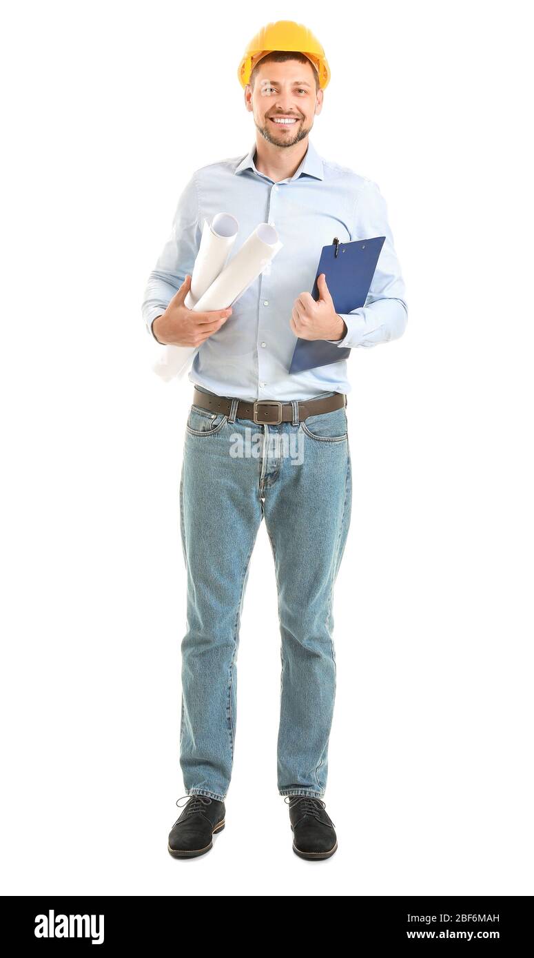 Male engineer with drawings on white background Stock Photo - Alamy